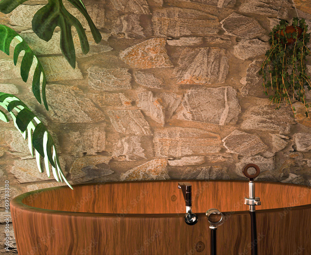 Rustic style bathtub, in a country modern bathroom with a stone wall ...