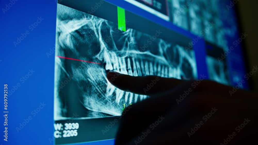 dental scan on x-ray image of patient's jaw on computer screen zooming ...