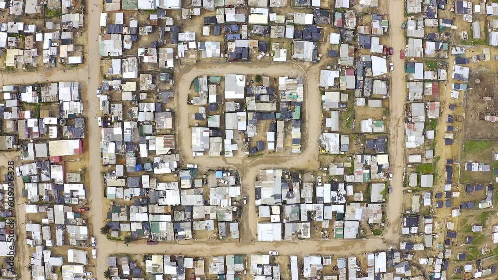 Aerial view of buildings, slums in South Africa and landscape with ...