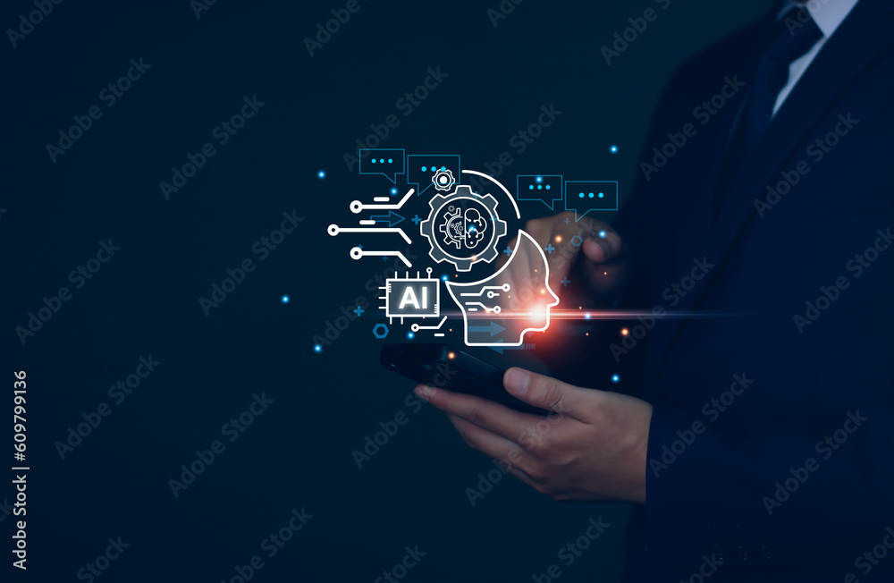 Chatbot concept. AI, Artificial Intelligence. businessman using ...