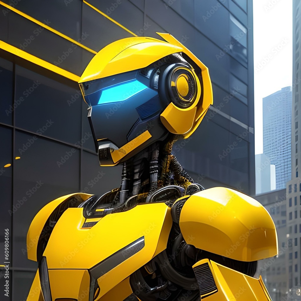 Mega yellow robot super drone ready for action on a city futuristic ...
