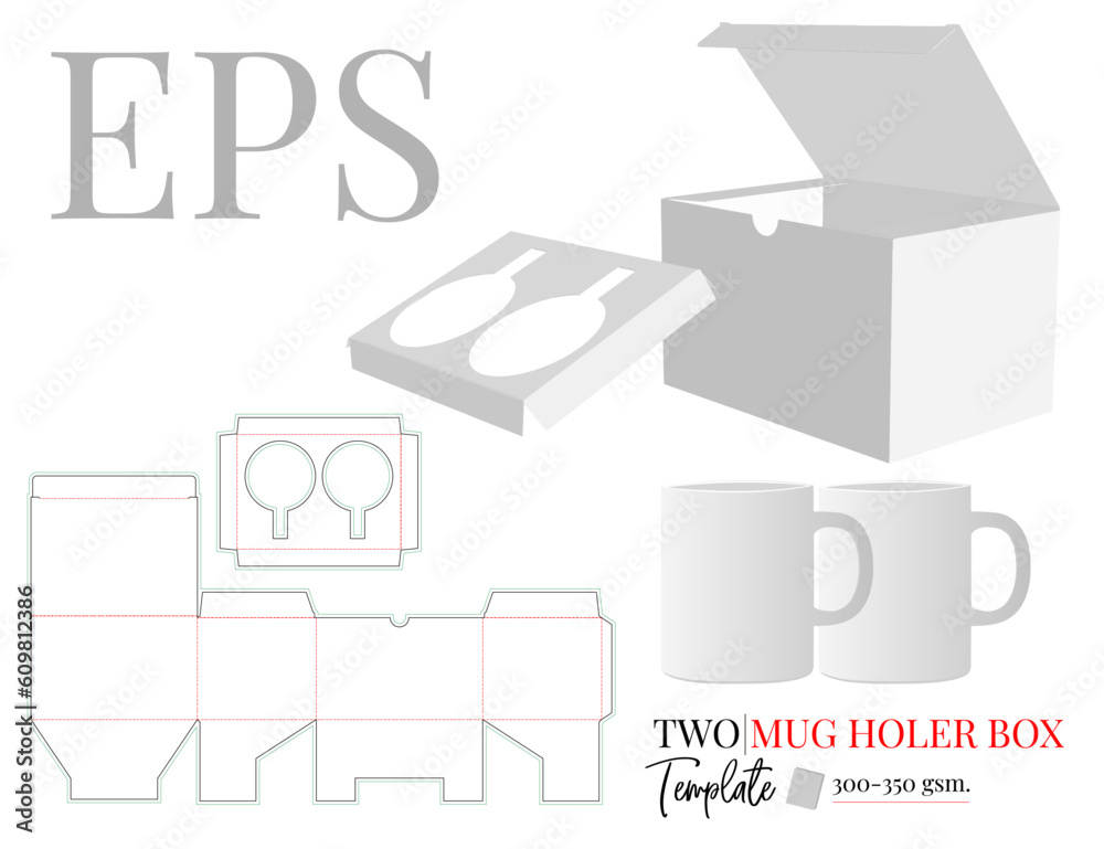 Mug box, die cut template. Two mug box with holder inside, vector ...