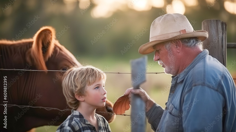 Portrait of a father and son feeding grass to cows on a cattle farm ...