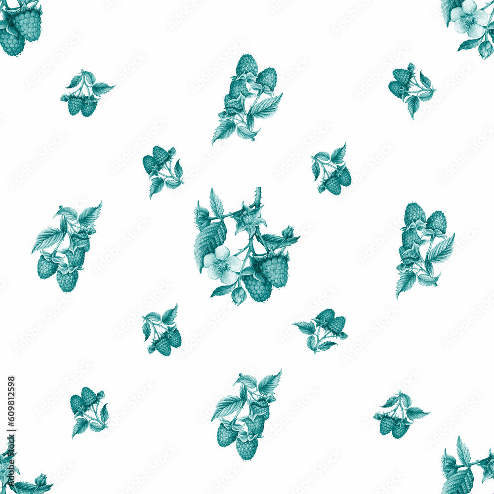 Blue seamless pattern with raspberry fruits (known as Rubus idaeus ...