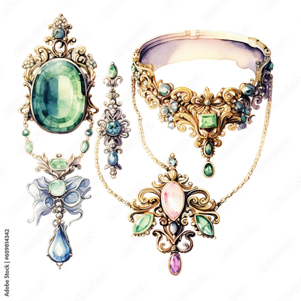 Exquisite Jewelry Illustration Set, elegant jewelry designs, watercolor ...