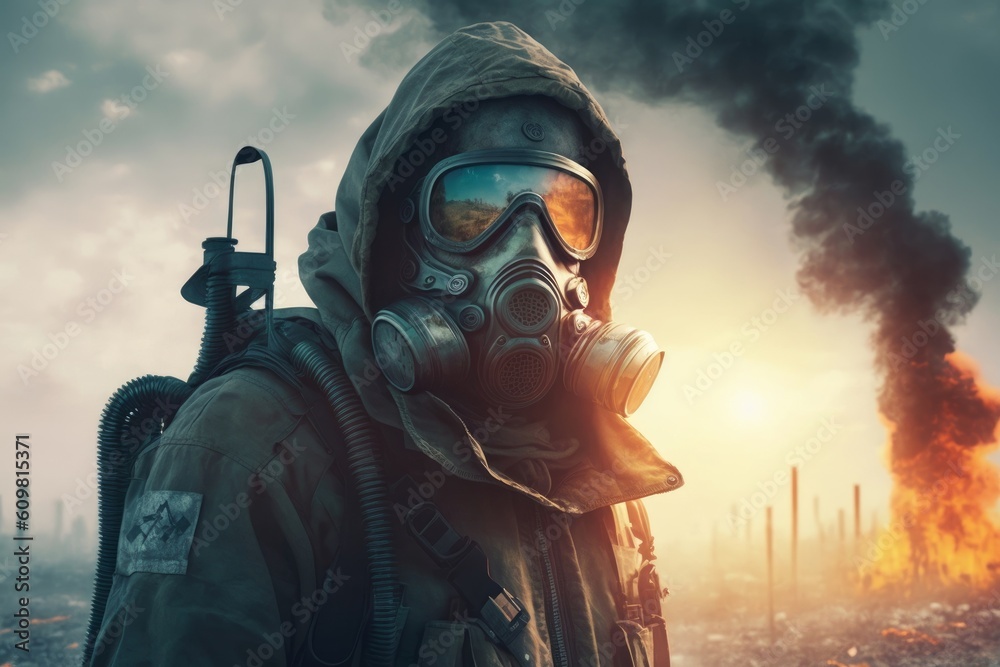 a man in a gas mask, power-plant shrouded in smoke, in a dangerous ...