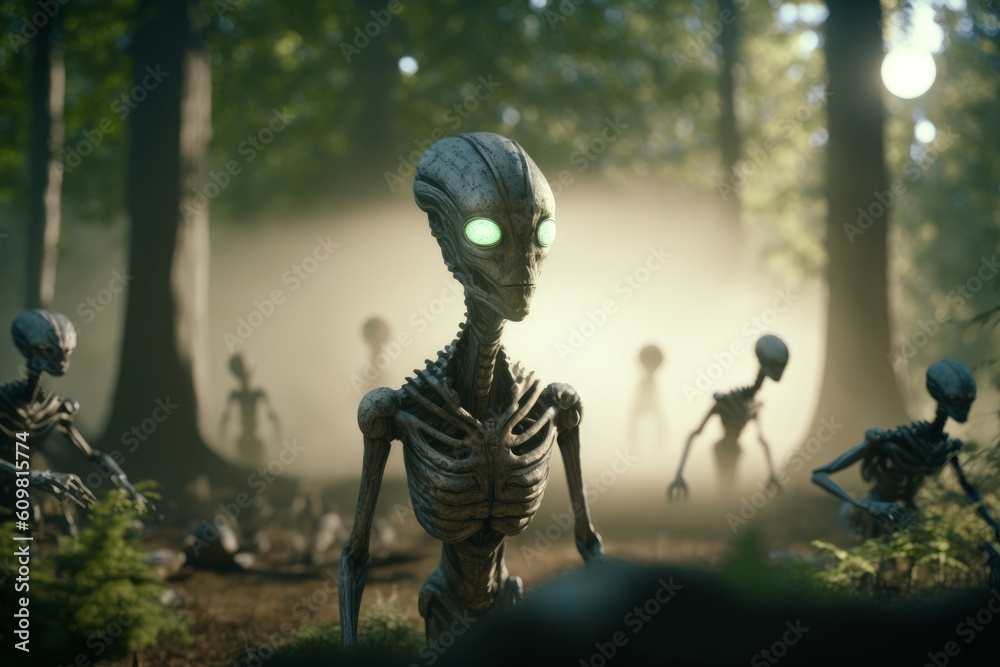 aliens figure in the forest, light of an UFO in the backfground ...