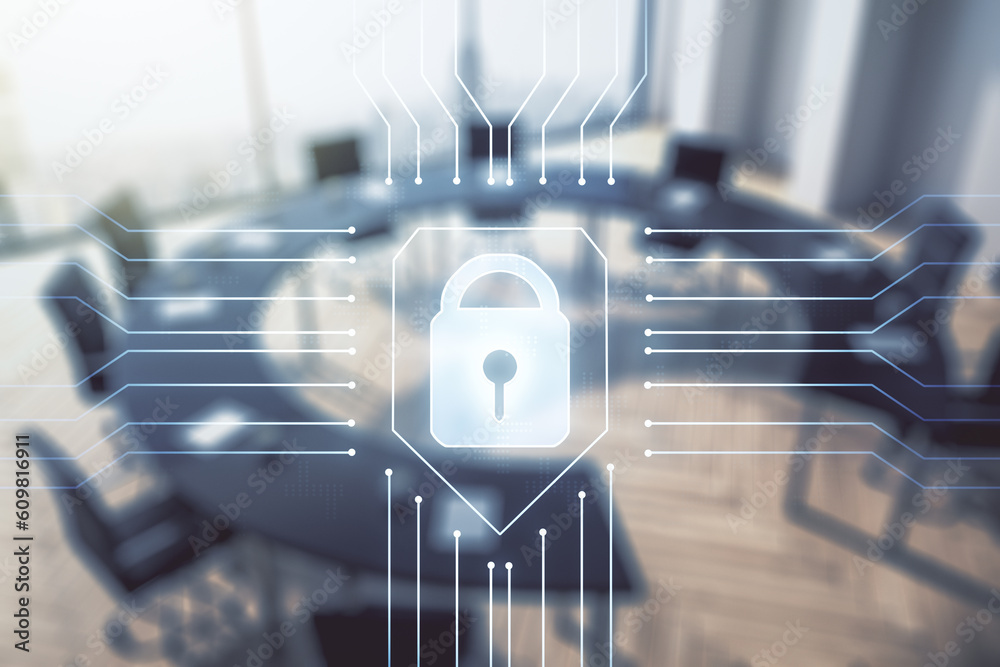 Virtual creative lock symbol and microcircuit illustration on a modern ...