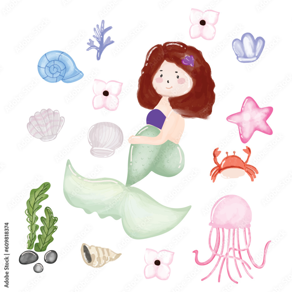 Set of kawaii mermaid isolated on white background. Mermaid tail ...