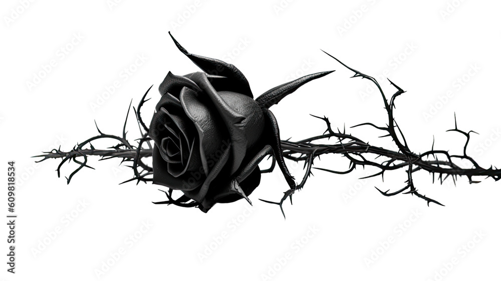 enigmatic black rose with thorns isolated on a transparent background ...