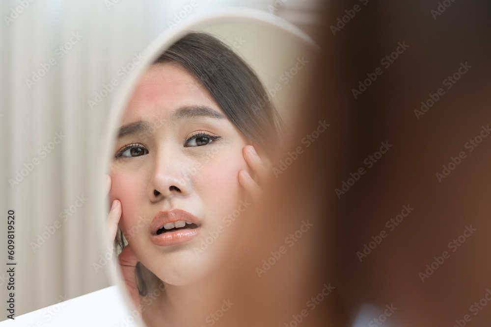 Dermatology, scratch asian young woman looking at mirror, expression ...