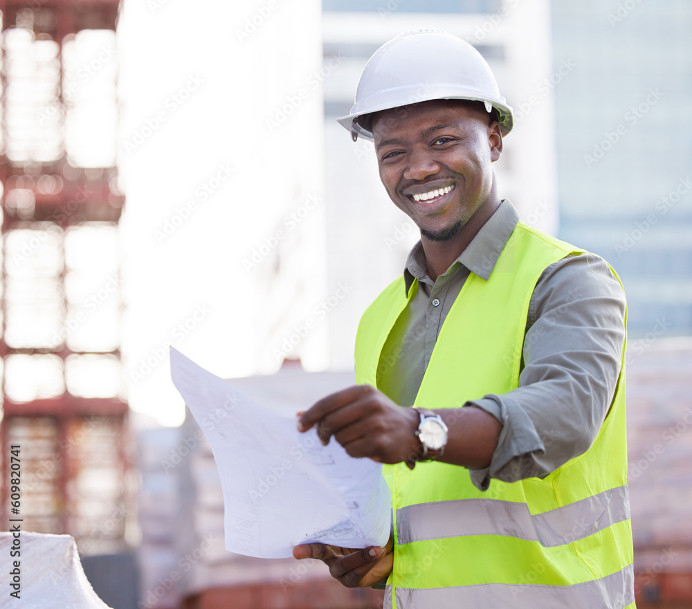 Portrait of black man engineer, floor plan and construction site in ...