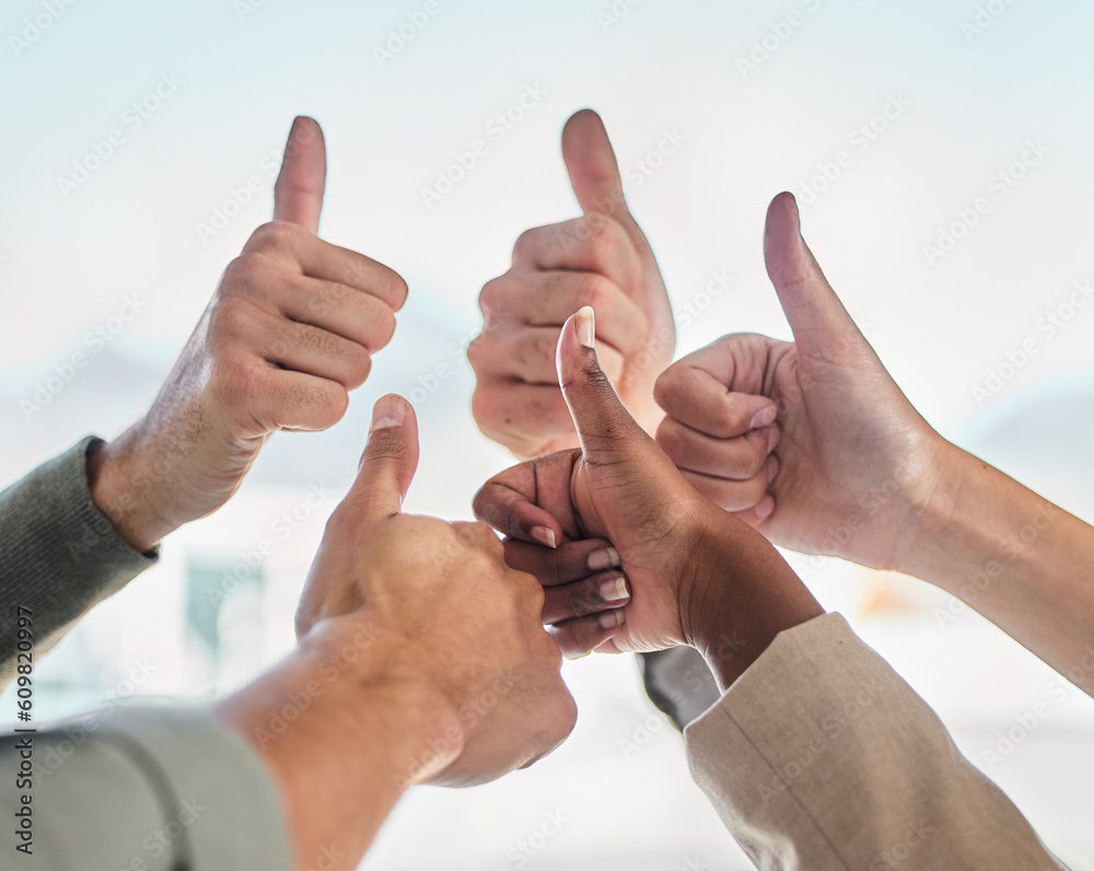 Thumbs up, success or hands of business people with teamwork ...