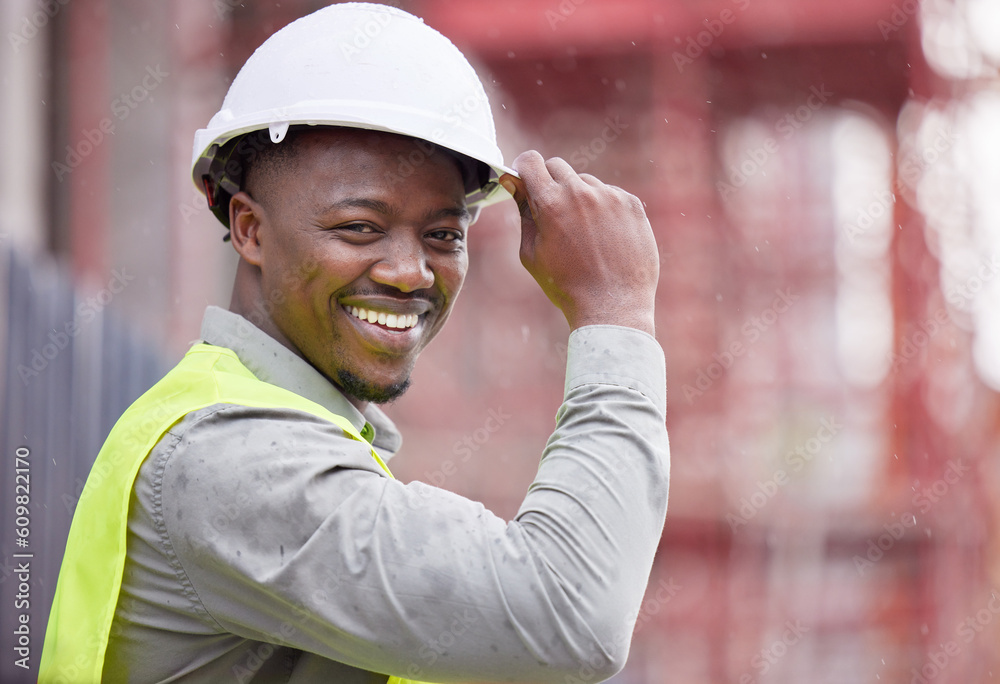 Portrait of happy black man engineer, helmet and construction site with ...