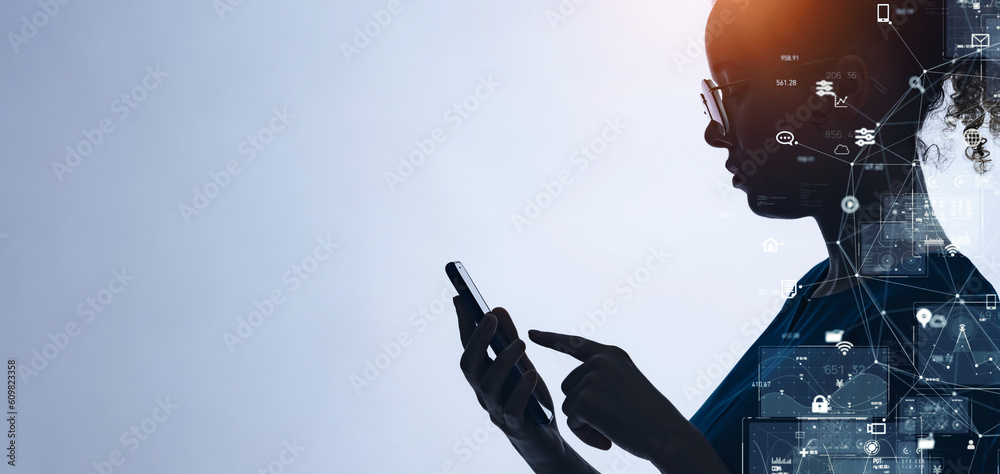 Profile silhouette of black woman using smart phone and communication ...