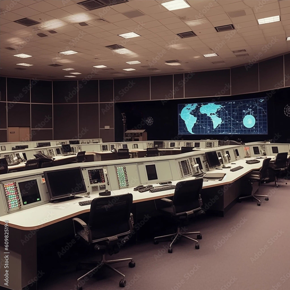 Old-Fashioned Military Command Center With a Large Display Screen and ...