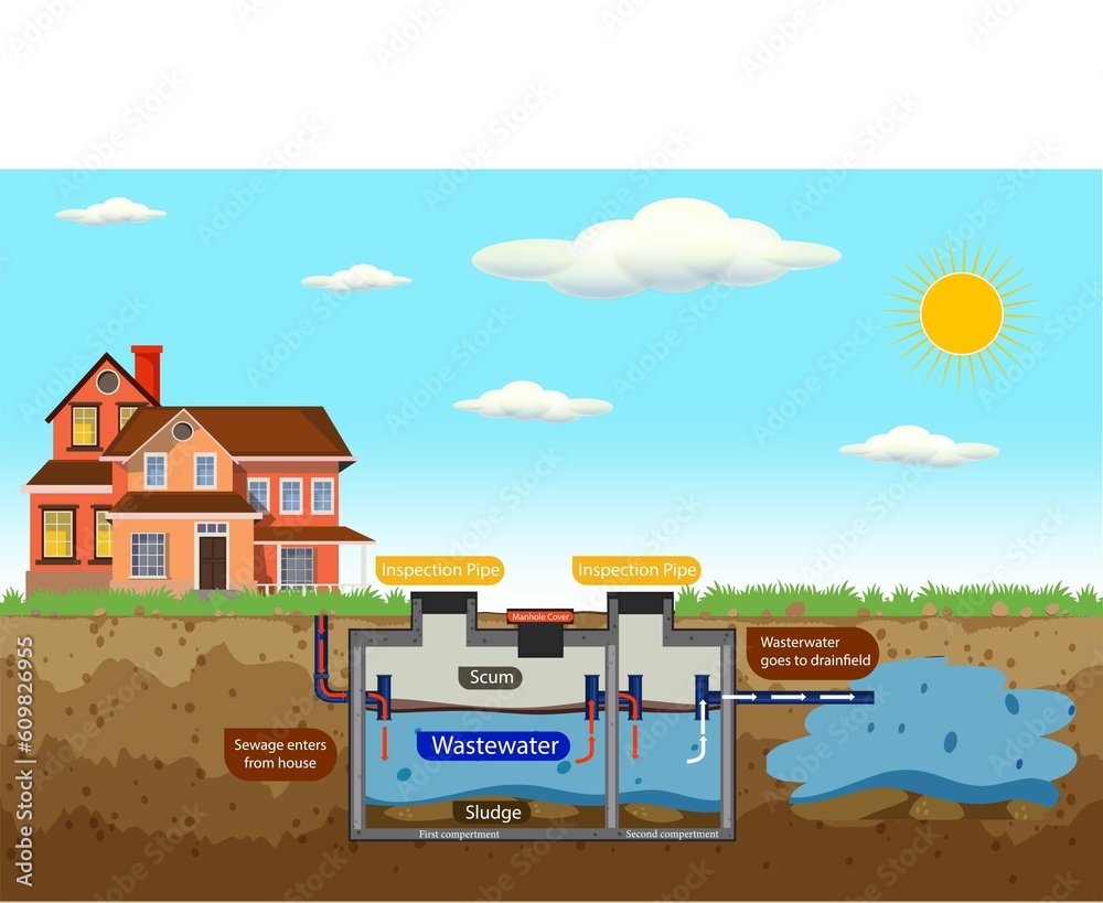 Septic Tank diagram. Septic system and drain field scheme. An ...