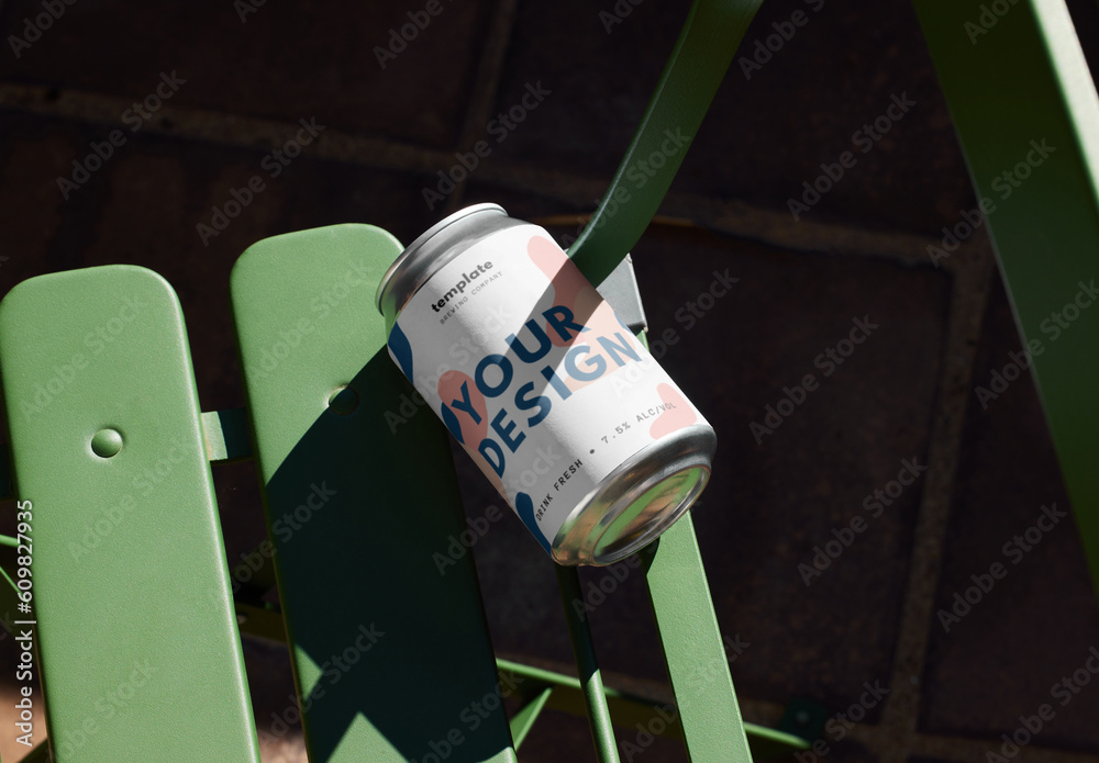 Mockup of customizable 12oz 33cl drinks can and label on chair Stock ...