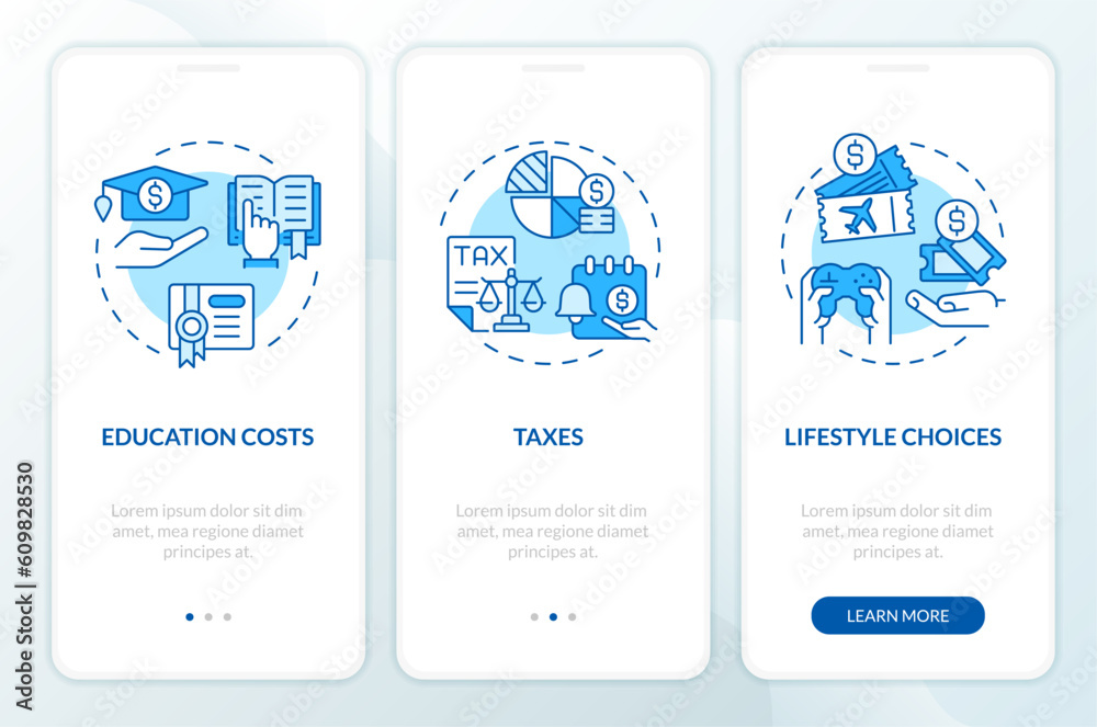 Living expenses blue onboarding mobile app screen. Budget management ...