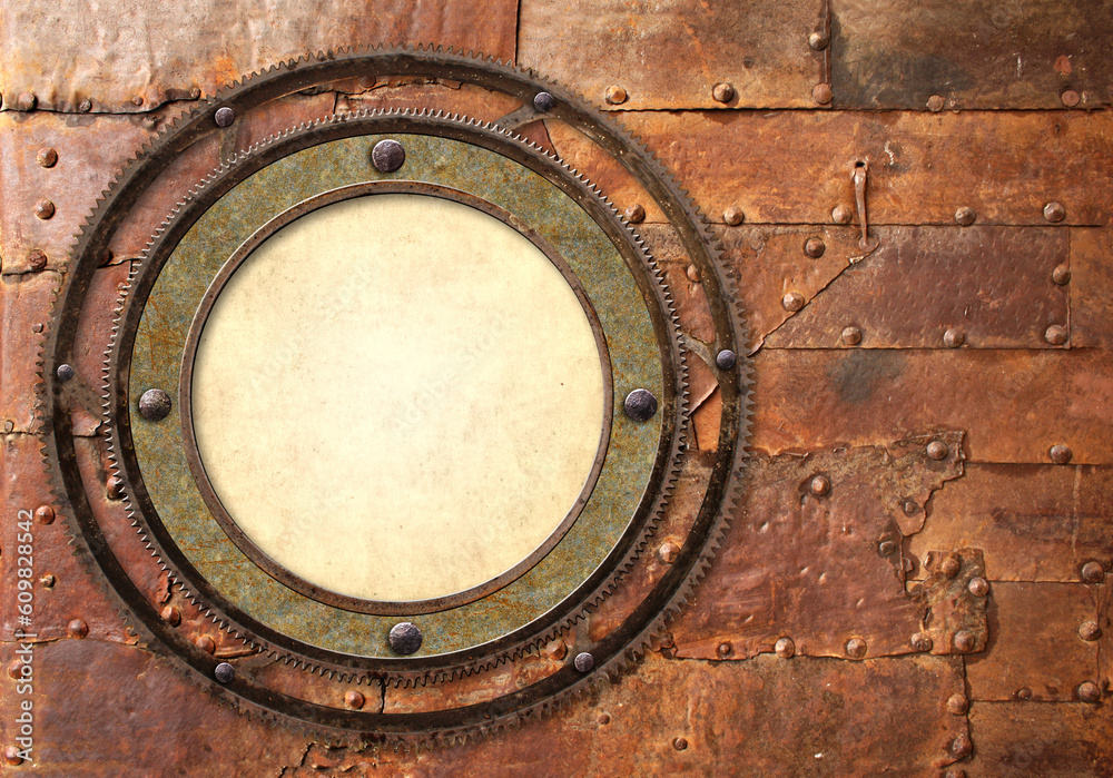 Horizontal background metallic round frame with vintage machine gears ...