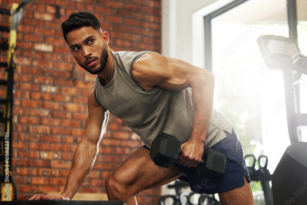 Exercise, fitness and man with dumbbell in gym for weightlifting ...
