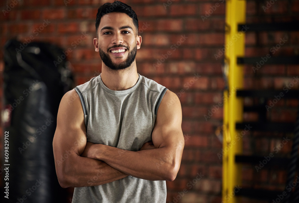 Gym, smile and portrait of man with arms crossed, fitness and happiness ...