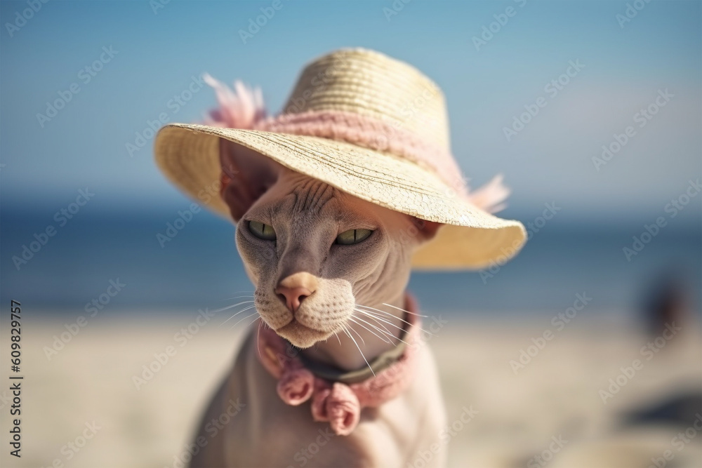 Sphynx cat wearing summer straw hat with blurry beach in background ...