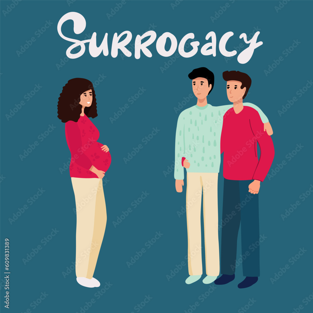 Gay Couple with Surrogate Pregnant woman. Two dads. Vector illustration ...