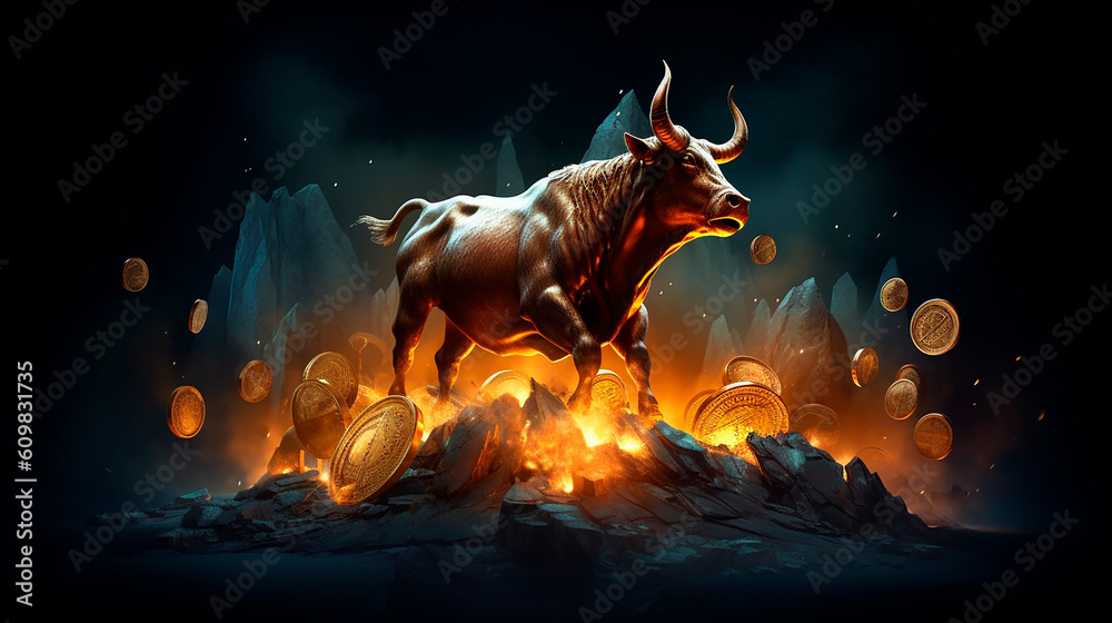 bull market, a green bull powerfully runs through a narrow street, high ...
