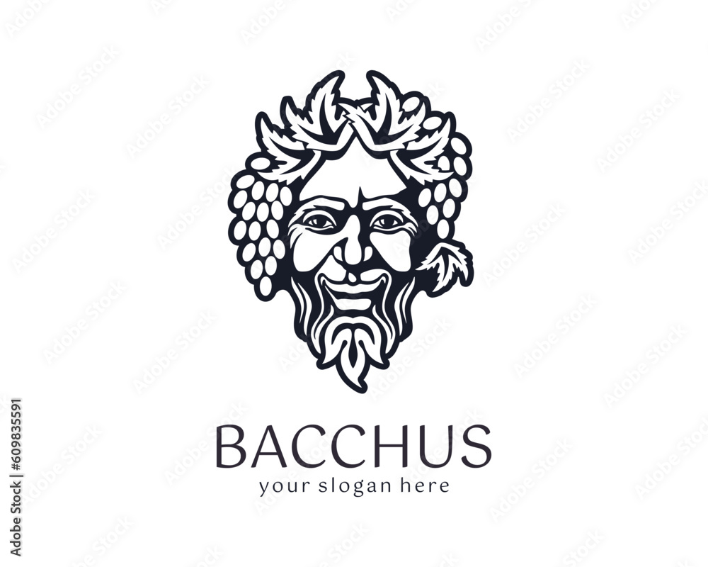 Logo Bacchus or Dionysus. Man face logo with grape berries and leaves ...