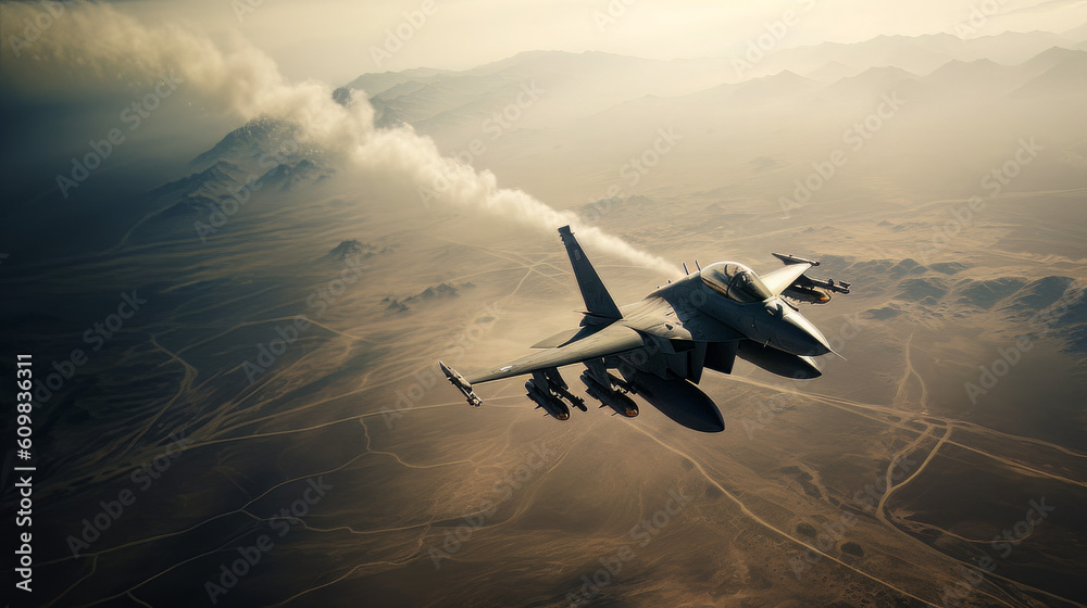 aerial high view of a generic military fighter jet crosses over a ...