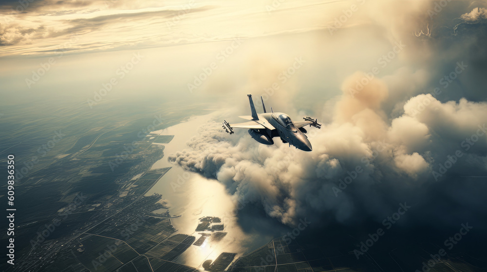 aerial high view of a generic military fighter jet crosses over a ...