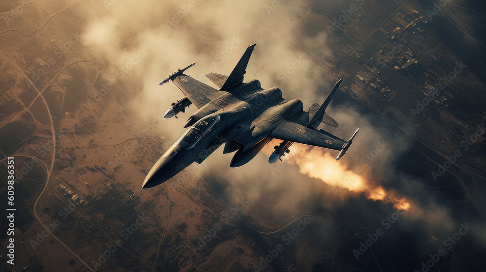 aerial high view of a generic military fighter jet crosses over a ...