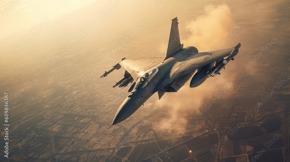 aerial high view of a generic military fighter jet crosses over a ...