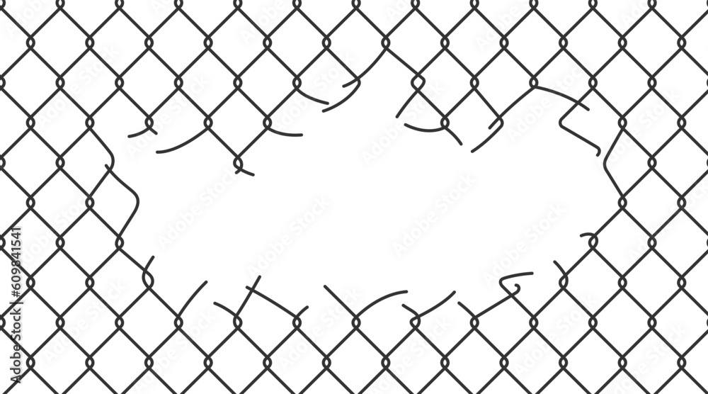 Broken wire mesh fence. Rabitz or chain link fence with cut hole. Torn ...