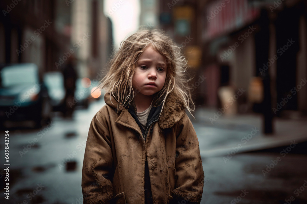 AI generated portrait of candid authentic fright homeless little girl ...