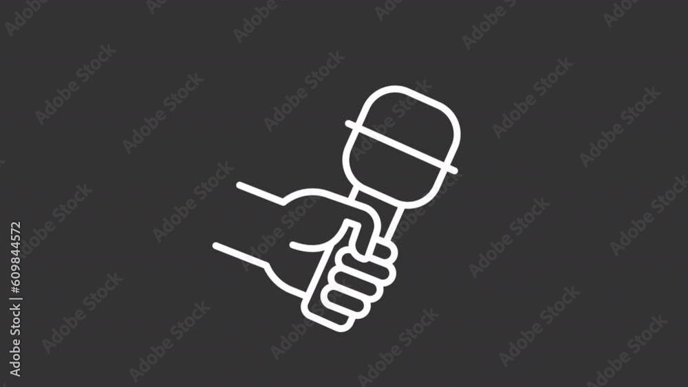 TV interview white icon animation. Animated line hand with microphone ...