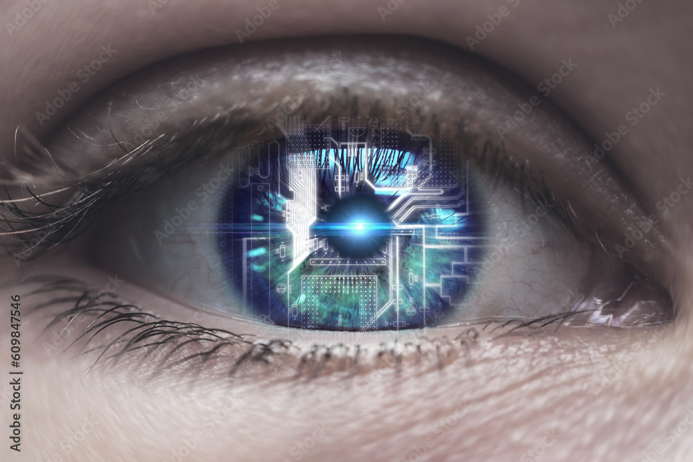 Female eye with overlay of printed circuit board. Concepts of ...