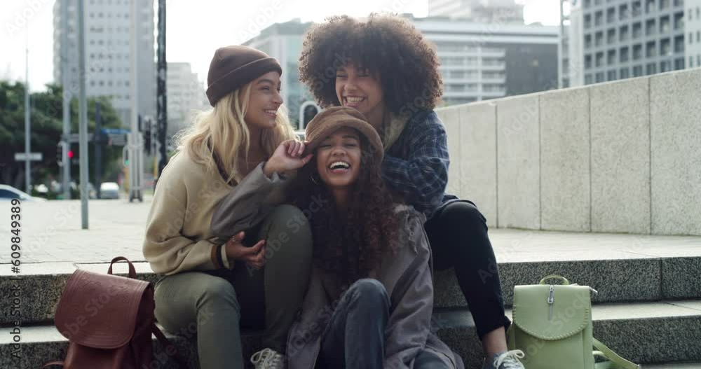 Laugh, face and happy friends relax on city steps outdoors, having fun ...