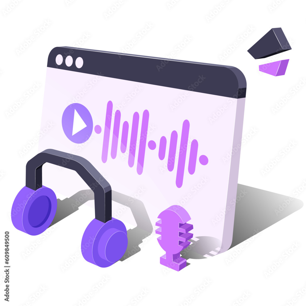 Audio. Music. 3D screen model with audio recording, headphones, and ...