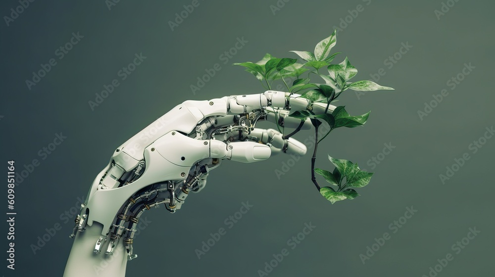 AI humanoid robot touching plant, a metaphor for using Artificial ...