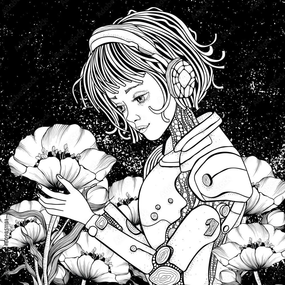 Beautiful android robot girl holding a flower in her hands. Zentangle ... Beautiful android robot girl holding a flower in her hands. Zentangle ...