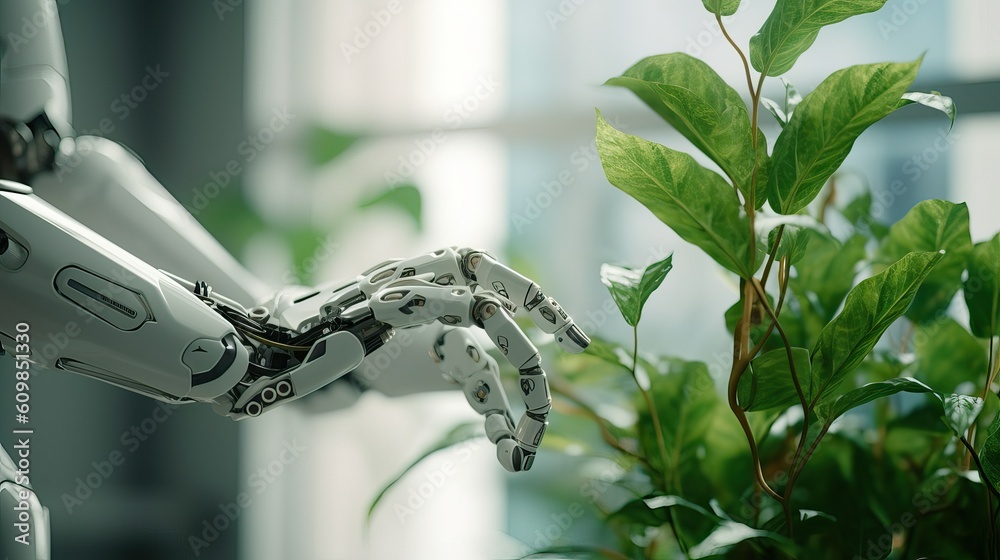 AI humanoid robot touching plant, a metaphor for using Artificial ...