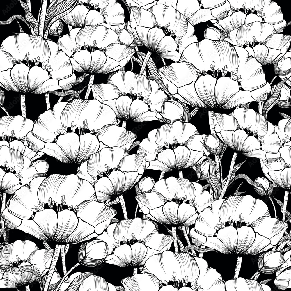 Seamless pattern. Coloring book page with flowers on black background ...