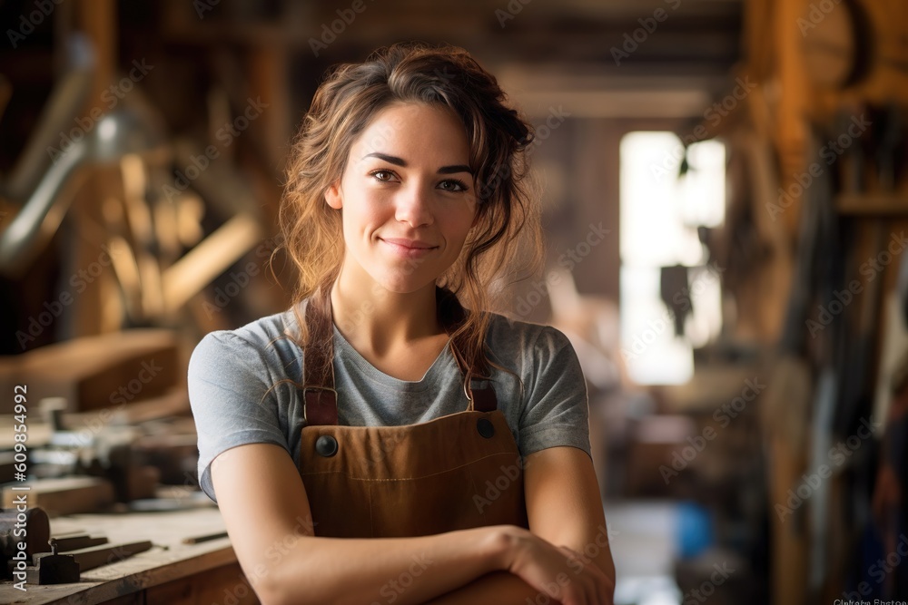In a workshop, a sensual female craftsman is captured in a portrait ...
