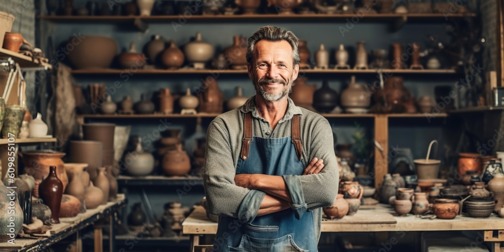 In a workshop, a portrait captures a handsome male potter master ...