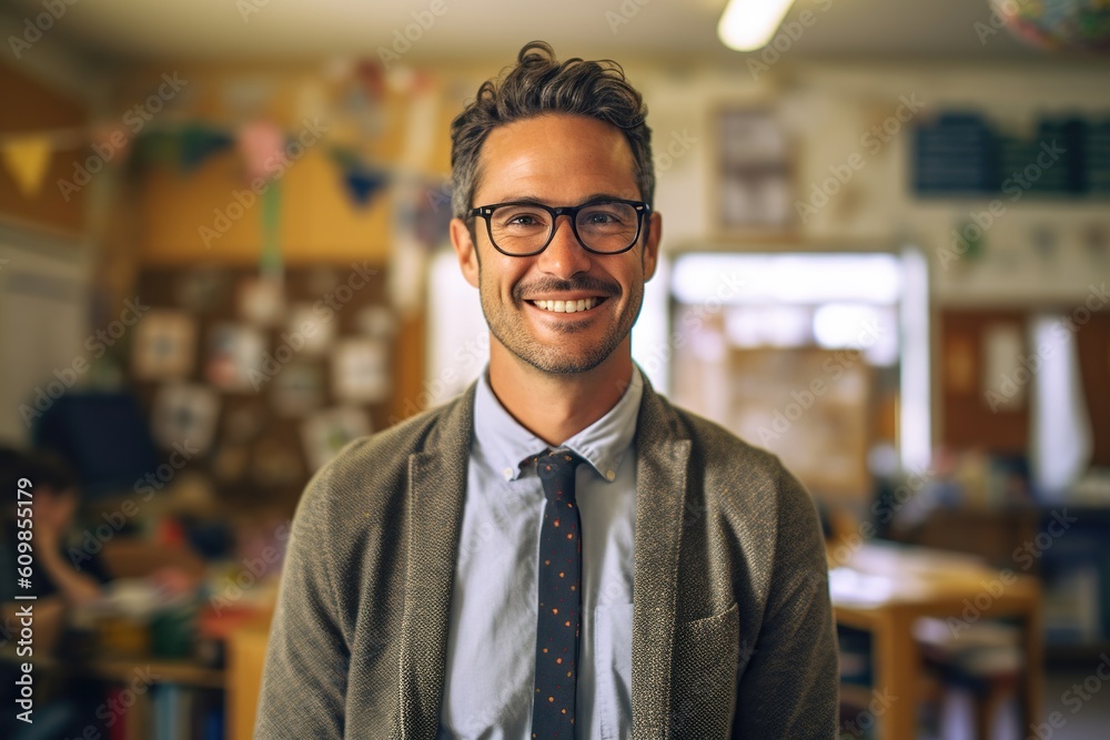 In a kindergarten setting, a portrait captures a handsome male teacher ...