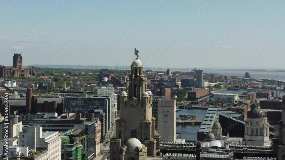 Liver building with the liver birds holding it high. looking down on ...