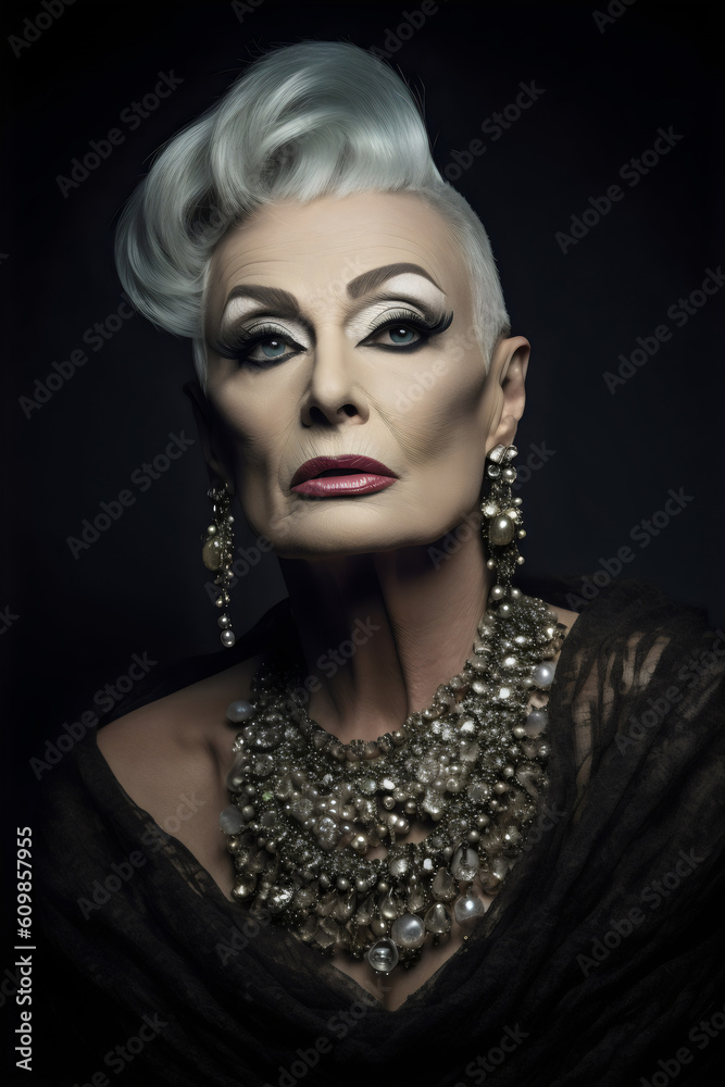 elegant older drag queen isolated on black background, made with ...