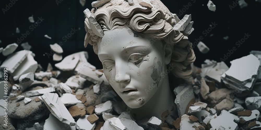 Broken ancient greek statue woman head falling in pieces Stock ...